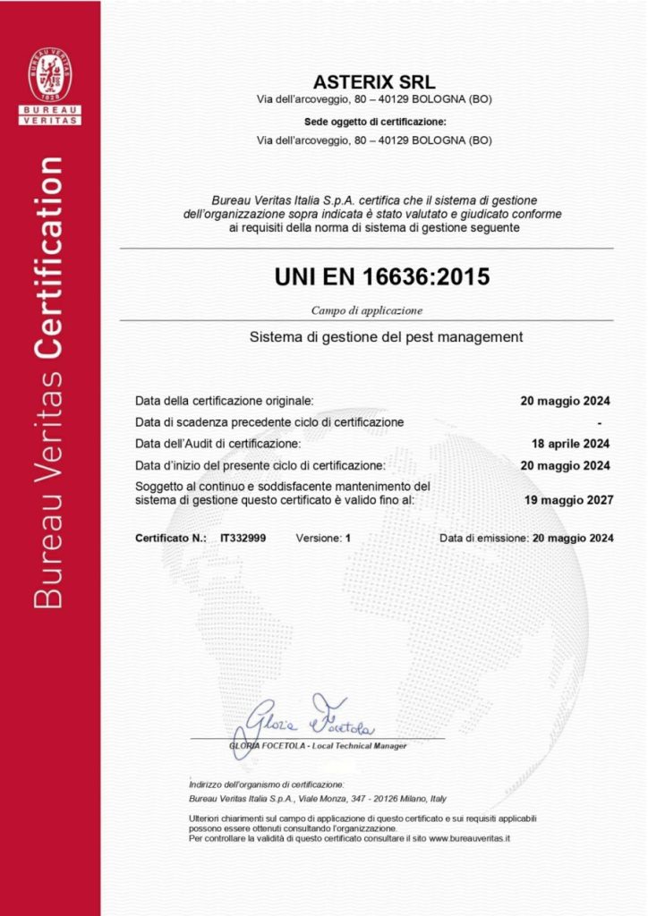 Certificazione 16636 per Pest Management - Asterix